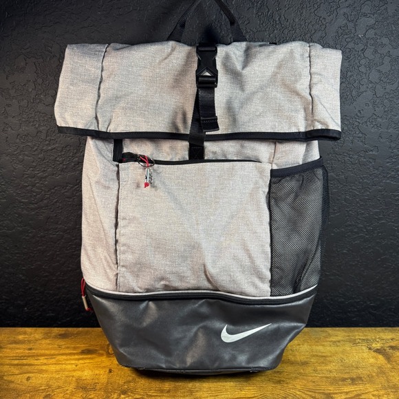 Nike | Bags | Nike Roll Top Backpack Gray Black White Swoosh Gym School ...